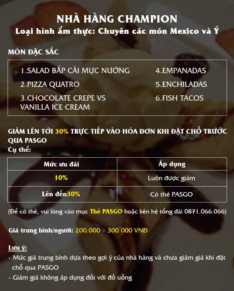 Champion Restaurant – Hương Vị Âu Mỹ Quyến Rũ